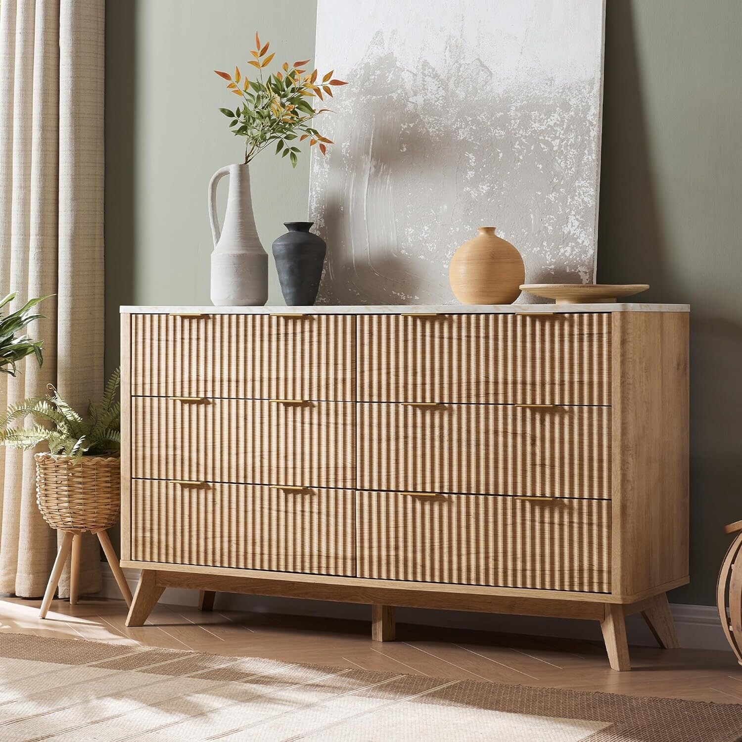 Modern Fluted 6 Drawers Dresser Chest of Drawers Dresser TV Stand Dark Grey
