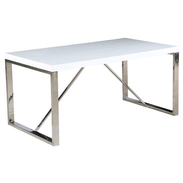 Modern Mid Century Glossy Paint Wood top Silver Chrome Steel Leg Base Rectangle Dining Table ...