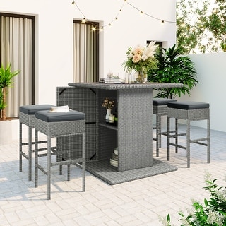5-Piece Rattan Dining Table Set with Storage Shelf and 4 Padded Stools ...