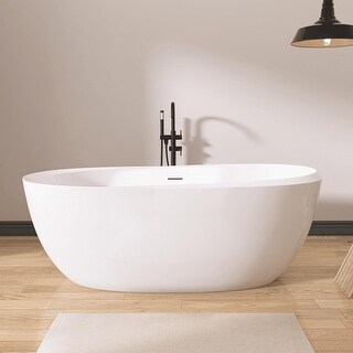 ZEAFIVE Acrylic White Bathtub Free Standing Flatbottom Soaking Tub with ...