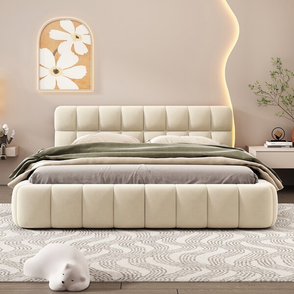 Queen Size Bed Frame Luxury Upholstered Low Profile Platform Bed with Thick Fabric Grounded Bed Floor Bed with Solid Frame On Sale Bed Bath Beyond 39030161