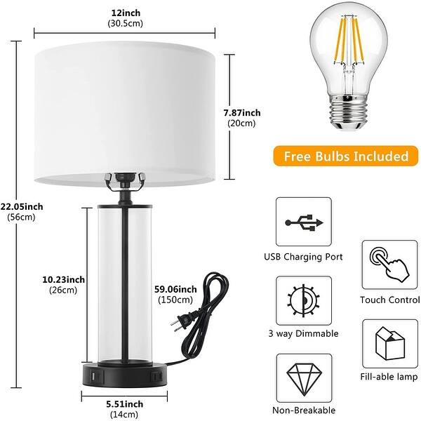 Modern Touch Control Fillable Table Lamps with USB / Type C Ports - Bed ...