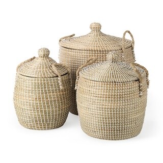 Olivia Beige Seagrass Baskets w/Lids (Set of 3) - 18.5L x 13.4W x 14.6H ...
