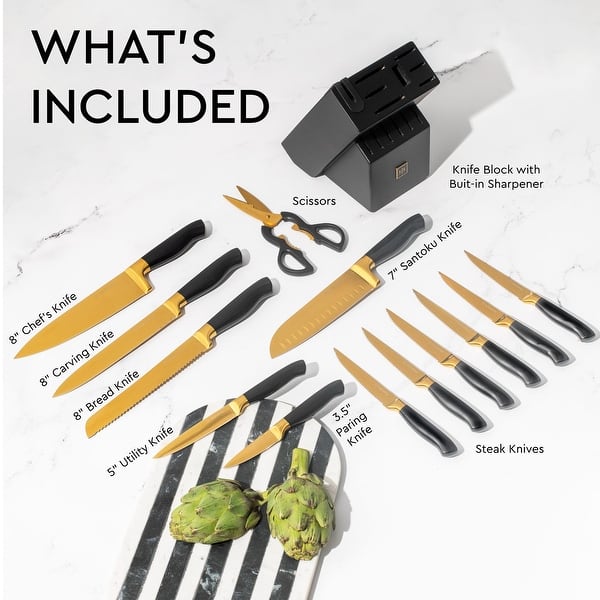 14 PC Gold Knife Set with Block and Sharpener Includes Full Tang Black ...