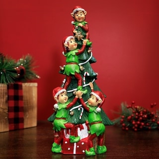 Alpine Corporation 12"H Indoor Christmas Tree and Stacked Elves Statue ...
