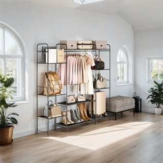 Free-Standing Garment Rack with Double Shelves for Hanging Clothes ...