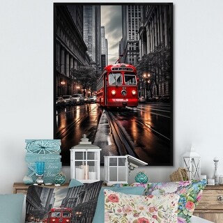 Designart "Red City Bus Rhythm I" Road Framed Canvas Wall Art - Bed ...