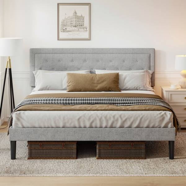 Light Grey Bed Frame with Adjustable Border Headboard Queen Size - Bed ...