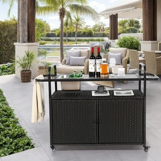 Outdoor Bar Table, Wicker Bar Cart with Cabinet, Patio Serving Cart ...