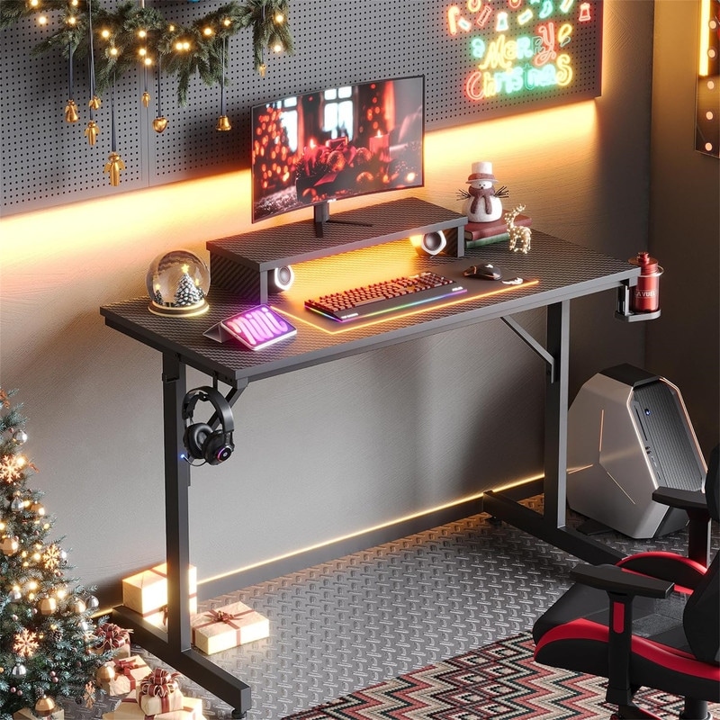 Small Gaming Desk with Monitor Stand Carbon Fiber Black