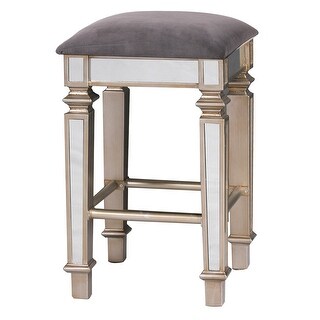 StyleCraft Silver Mirrored Square Stool with Gray Velvet Upholstery ...