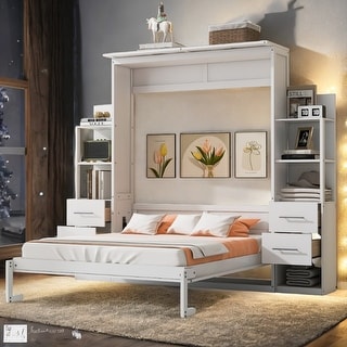 Queen Size Murphy Bed Wall Bed with Shelves, Drawers, and LED Lights ...