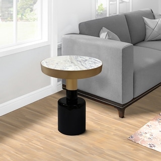 20 Inch Round Side End Table, Gold Banded Natural White Marble Top ...