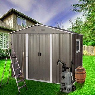 7.7x5.7FT Outdoor Metal Storage Shed with Window&Sliding Doors for ...