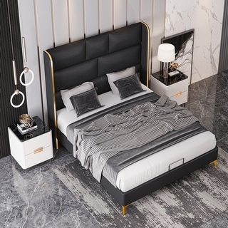 Black Queen Leather Wingback Bed 56" Tall Metal Gilded Edge Channel ...