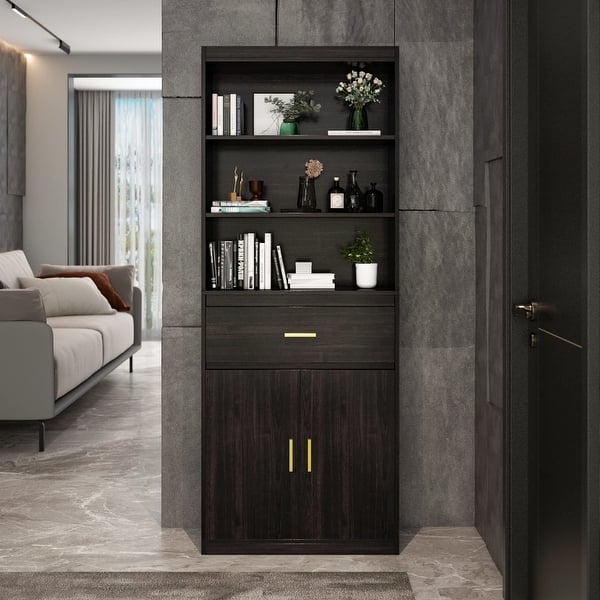 Tall Bookcase Storage Cabinet with Drawer & 3-Tiers Shelf, Wooden ...