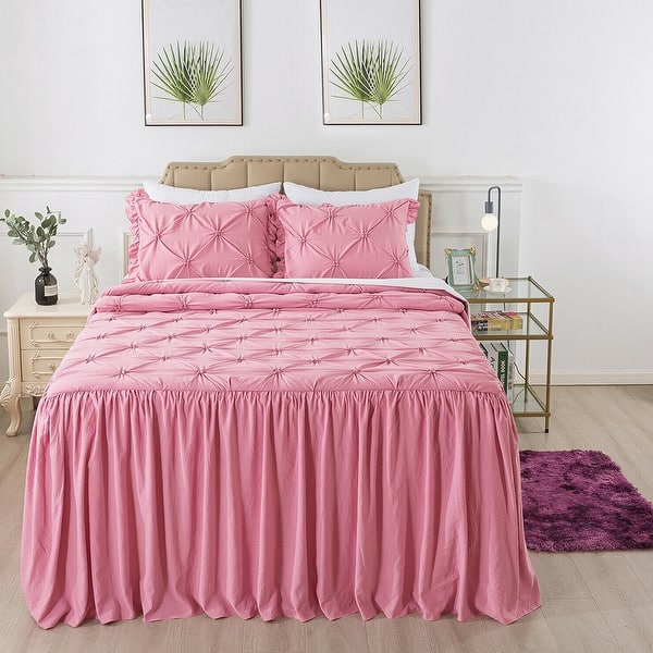 4 Piece Pinch Pleat Style Ruffle Skirt Bedspread Queen Pink - Bed Bath ...