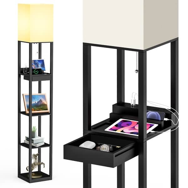 5-Tier Shelf Floor Lamp with Drawer and LED Bulb, 2 Charging Ports and ...