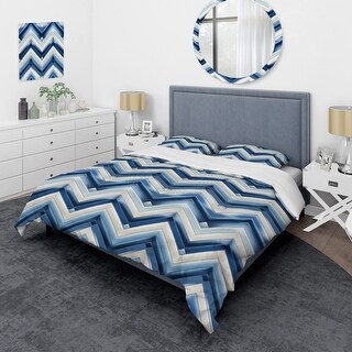 Designart "Vintage Cobalt Blue White Chevron Geometric" White Glam Bed ...