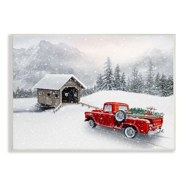 Stupell Relaxing Snowcapped Mountain Scenery Vintage Red Truck Wood ...