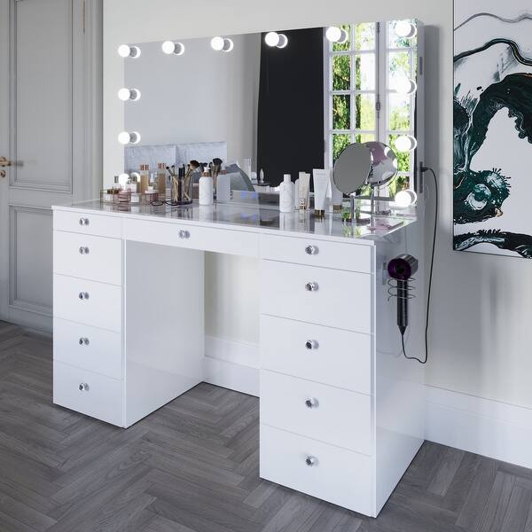 Extra Large Makeup Vanity | LED Mirror, Bluetooth, 11 Drawers & Glass ...