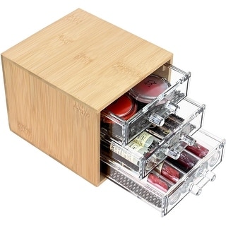 Bamboo Makeup Organizer, Desktop Drawer Organizer with Three Clear ...