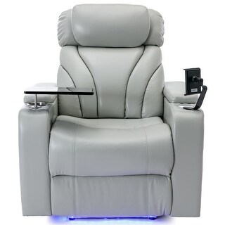 Light Grey PU Leather Power Motion Recliner with Arm Storage, Stereo ...