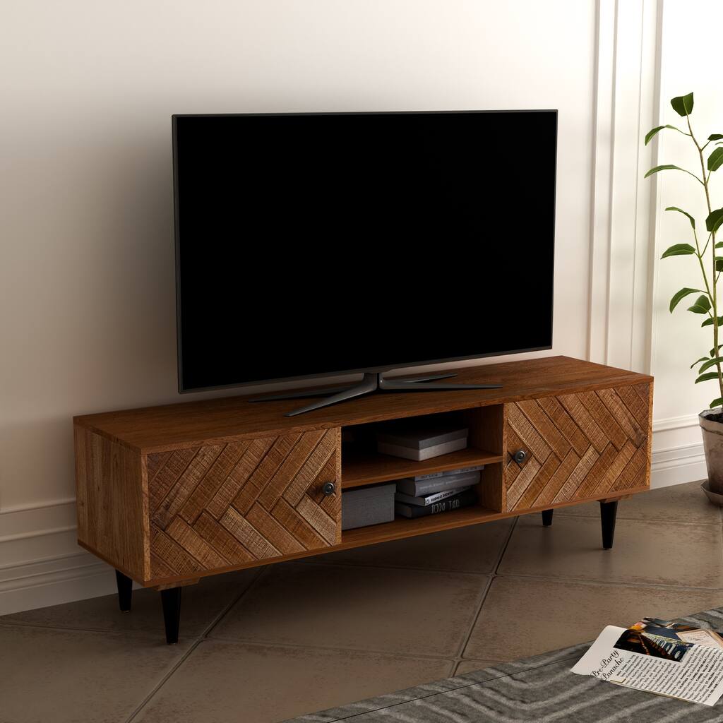 ExBrite Solid Wood Media Console Woodcraft HerringBone Pattern 2 Doors ...