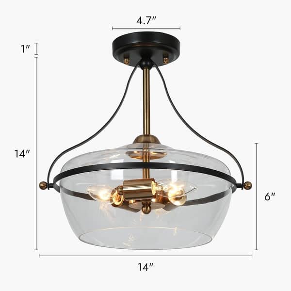 Modern 3-Light Black Gold Bowl Shape Glass Semi-flush Mount Ceiling ...