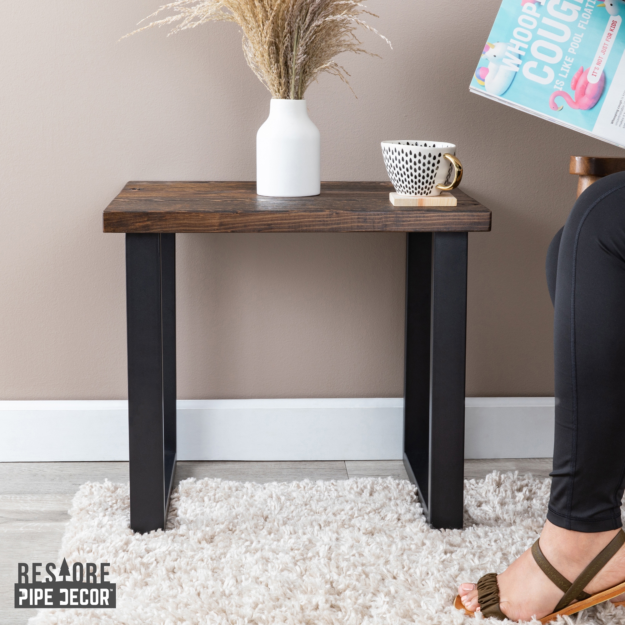 PIPE DECOR Solid Wood End Table Top with 4 Matte Black Metal Legs Bed Bath Beyond 36501235