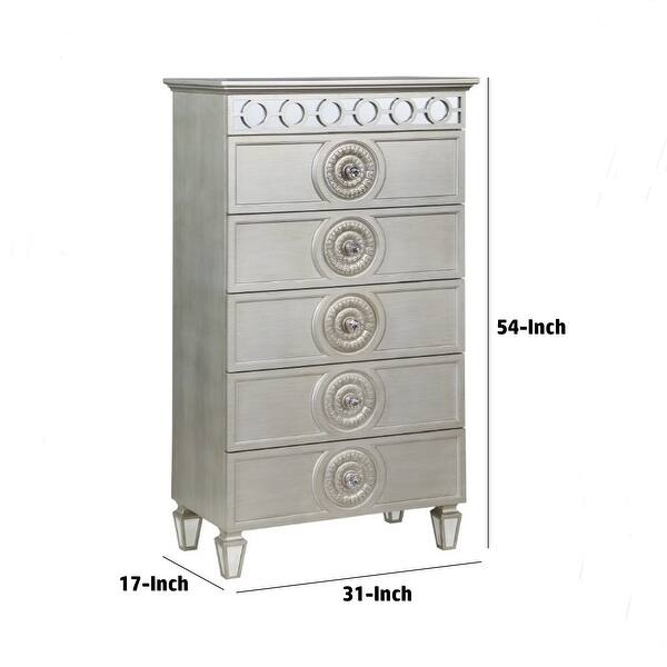 Nic 54 Inch Modern Tall Dresser Chest, 5 Drawers, Round Knobs, Silver ...