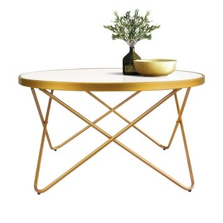 Mid Century Modern Round Gold Coffee Table with White Glass and Metal ...