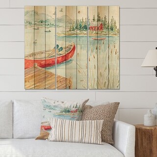 Designart 'Lake House Canoes I' Lake House Print on Natural Pine Wood ...