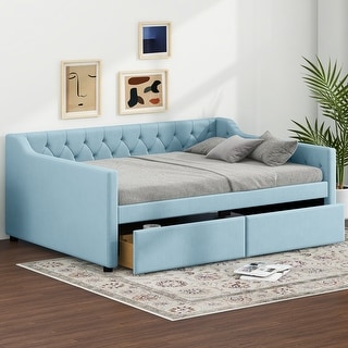 Blue Velvet Full Daybed with Storage Drawers and Tufted Design - Bed ...