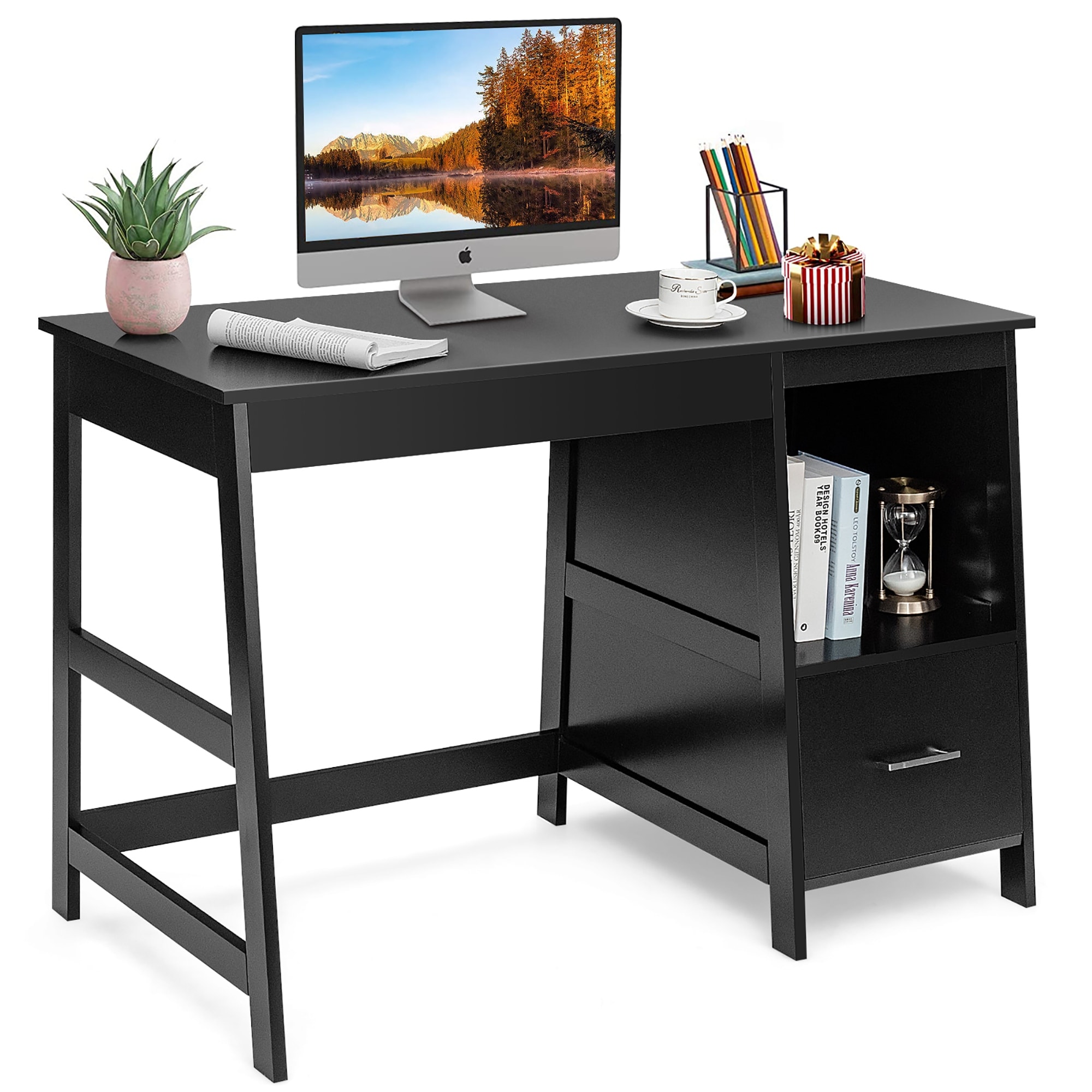 Small Desk with Drawers, 40 inch Desk with Drawers & Shelves, Computer ...