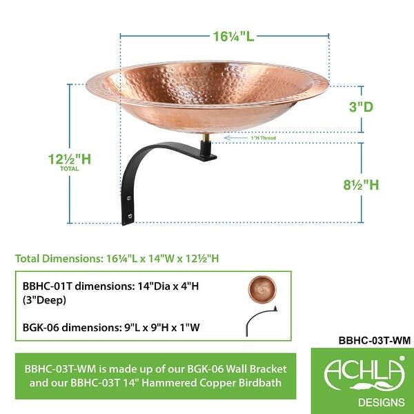 Achla Designs 16" W Round Satin Hammered Solid Copper Birdbath Bowl w ...