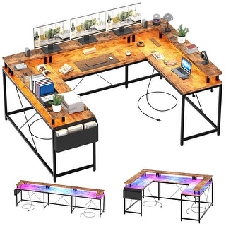U Shaped Desk, 126 Inch Gaming Desk with Monitor Stand and LED Lights ...