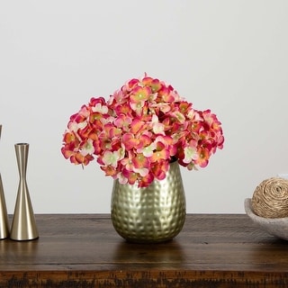 Hydrangea Artificial Floral Arrangement with Metal Vase - 11" - Pink ...
