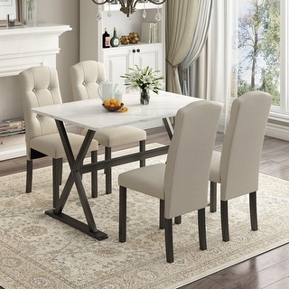 Solid Wood 5-Piece Dining Table Set with Upholstered Dining Chairs for ...