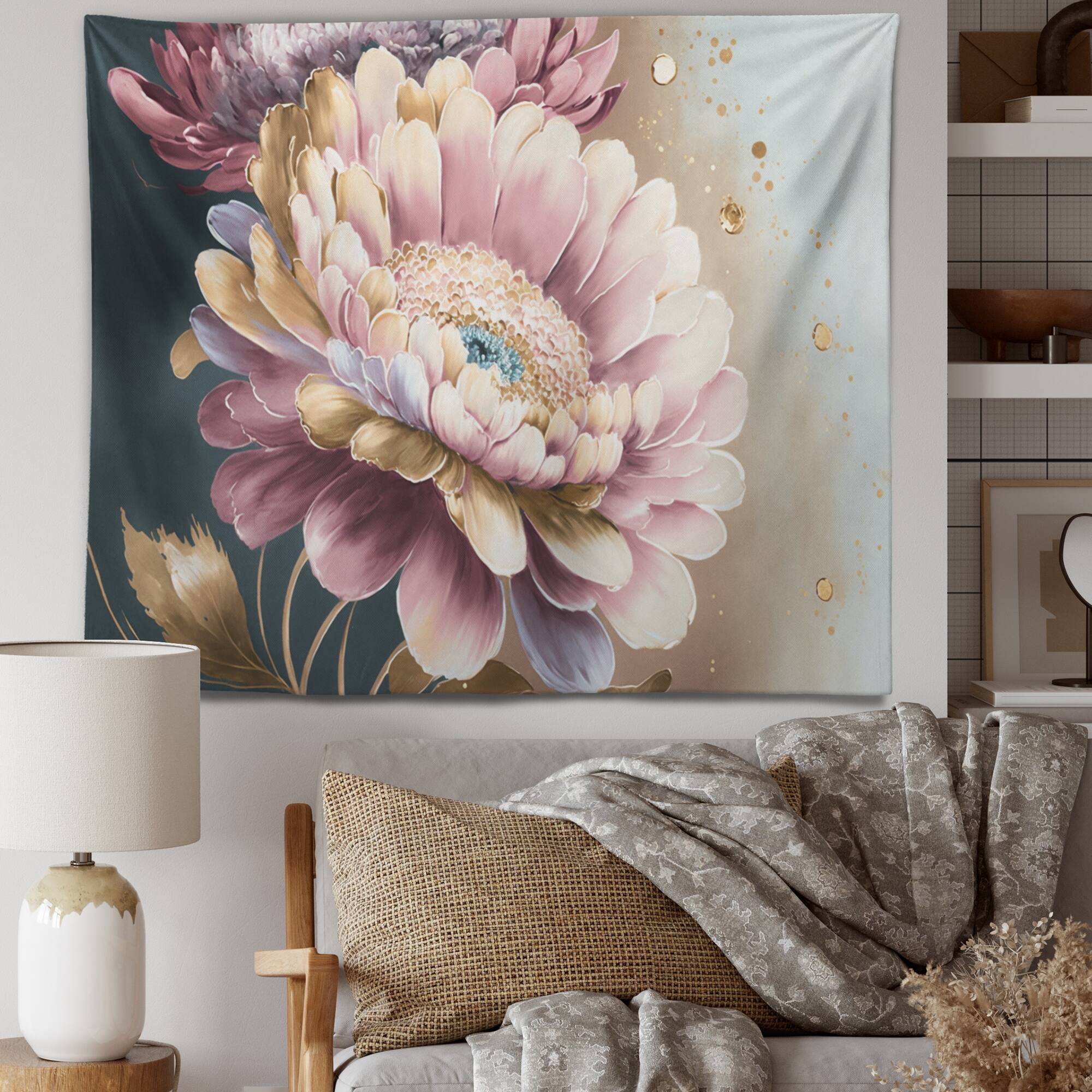 Designart Pink And Gold Daisy Flower Floral Daisy Wall Tapestry