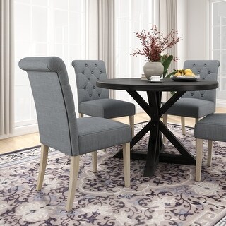 5PCS Dining Set, Cross-Buck Pedestal Round Table with 4 Tufted Chairs ...