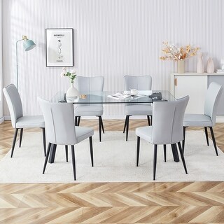7-Pc Metal Frame Dining Table Set w/ Glass Tabletop and 6 PU Chairs ...