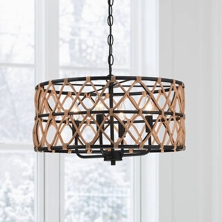 4-Light Rattan Drum Chandelier - W20" x H74.8" - 20 in. W - 20 in. W ...