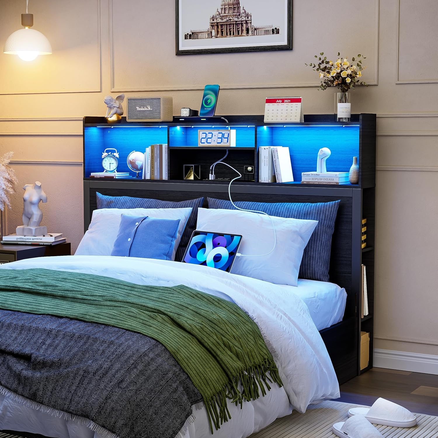 PAKASEPT 62 Queen Bookcase Headboard Stylish Bookcase Headboard with Charging Station RGB Lights On Sale Bed Bath Beyond 40186148
