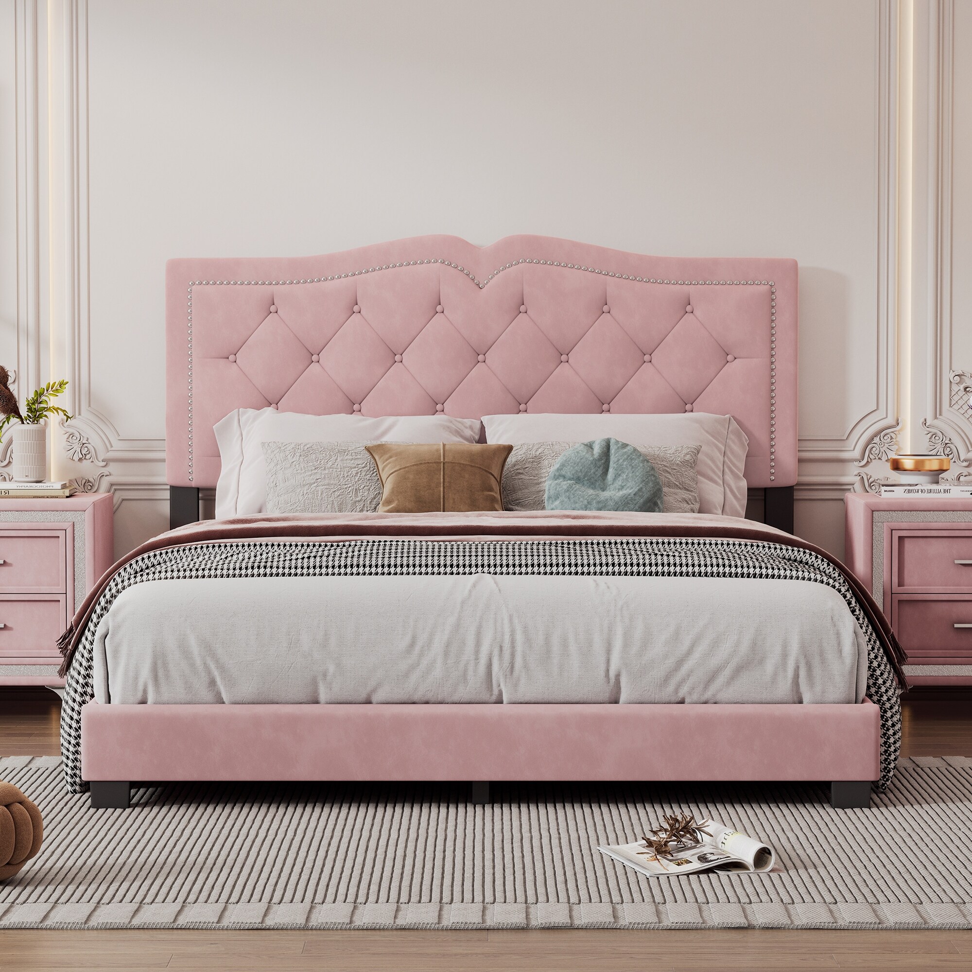 Queen Size Velvet Upholstered Platform Bed Frame with Button Tufted Headboard Rivets Easy Assembly No Box Spring Needed Pink