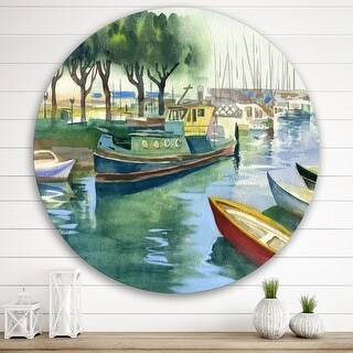 Designart 'Boats In Green Spring' Traditional Metal Circle Wall Art ...