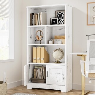 Bookcase with LED Lights White Bookshelf with Doors Modern Standing ...
