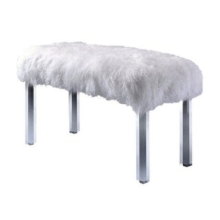 Modern Style Faux Fur Upholstered Metal Bench with Tapered Legs, White ...