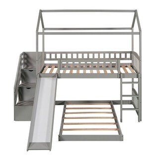 Gray Stairway Storage Twin Over Twin House Bunk Bed with 2 Drawers ...