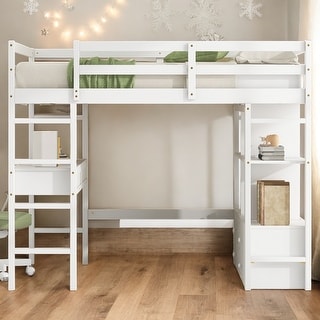 White Bedroom Full Size Loft Bed with Storage Shelves and Drawers and ...